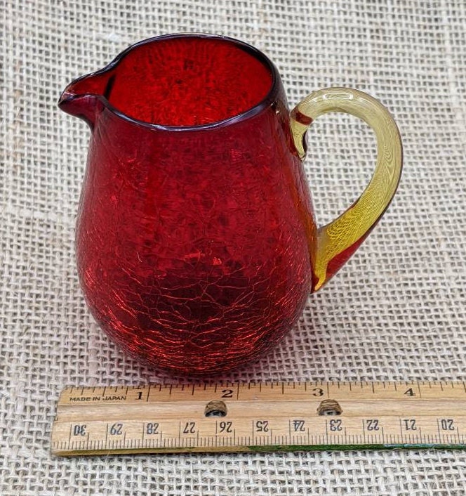 Red Crackle Glass Pitcher With Amber Handle Vintage Pilgrim - Etsy