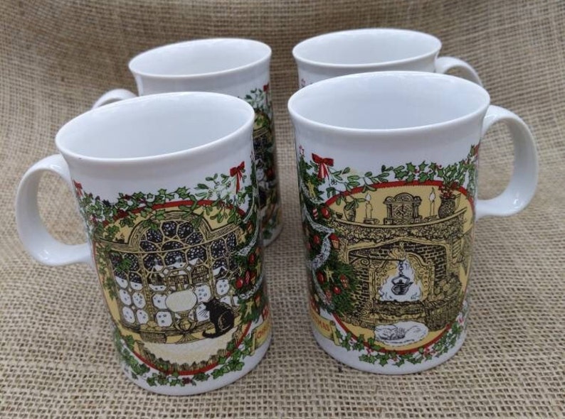Dunoon 1988 Christmas Cat Mugs Set of 4 Christmas Tree Holly - Etsy