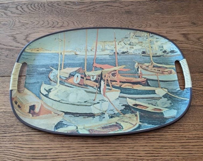 Greek Harbor Scene Tray, Boats Harbor Greek City, Mid Century Serving ...