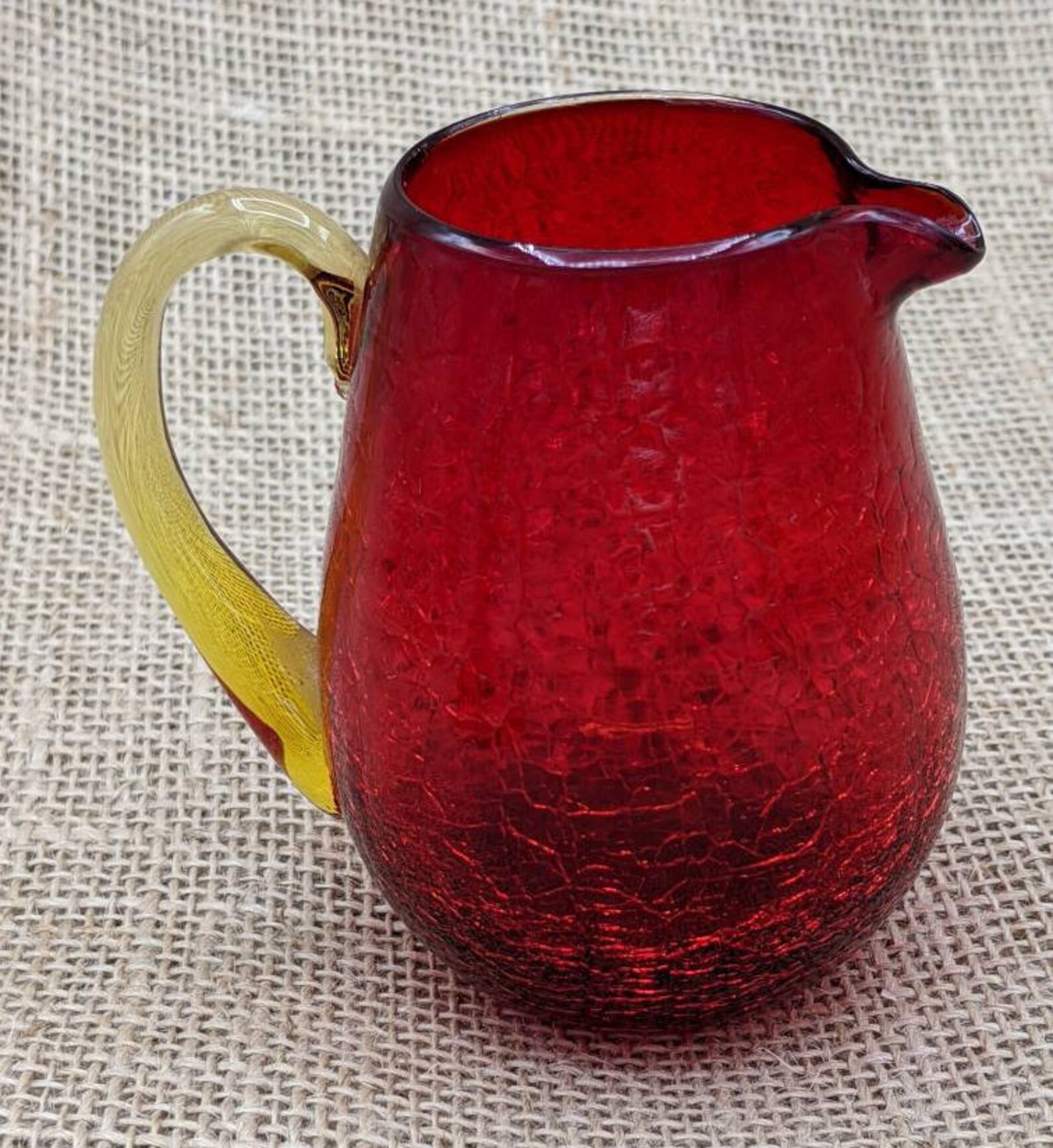 Red Crackle Glass Pitcher With Amber Handle Vintage Pilgrim - Etsy
