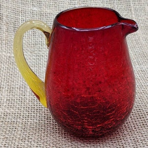 Red Crackle Glass Pitcher With Amber Handle, Vintage Pilgrim Glass ...