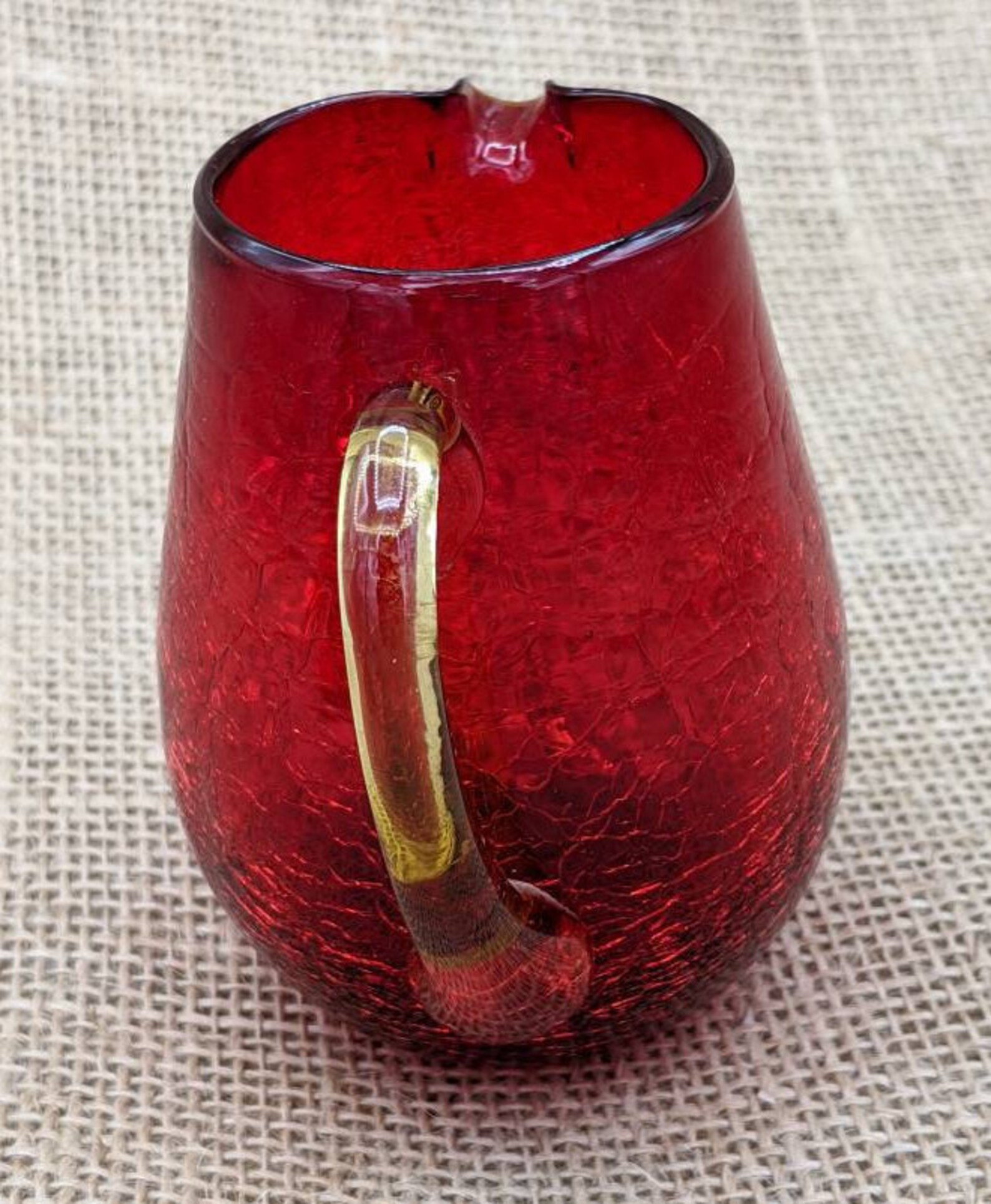 Red Crackle Glass Pitcher With Amber Handle Vintage Pilgrim - Etsy