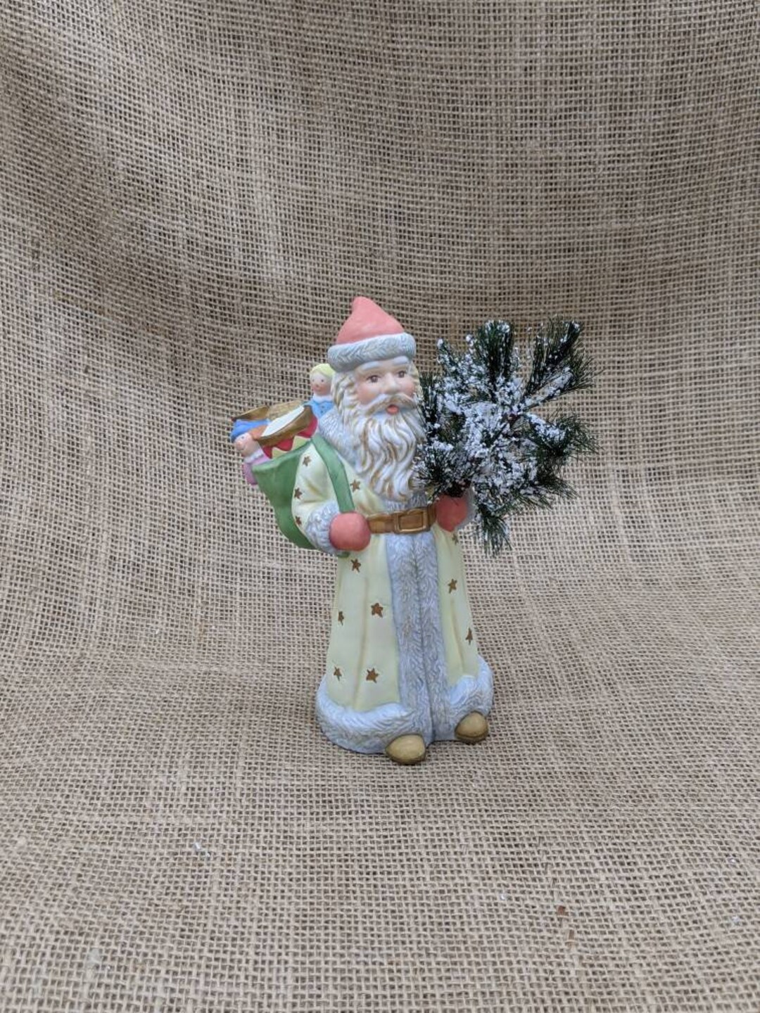 Pastel Santa Figurine With Flocked Bottle Brush Tree, Vintage Santa ...
