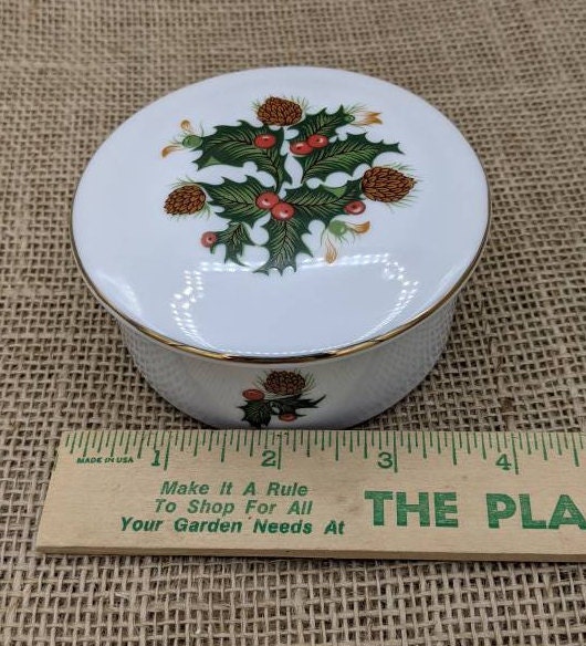 Christmas Trinket Box Porcelain Covered Box With Holly & - Etsy