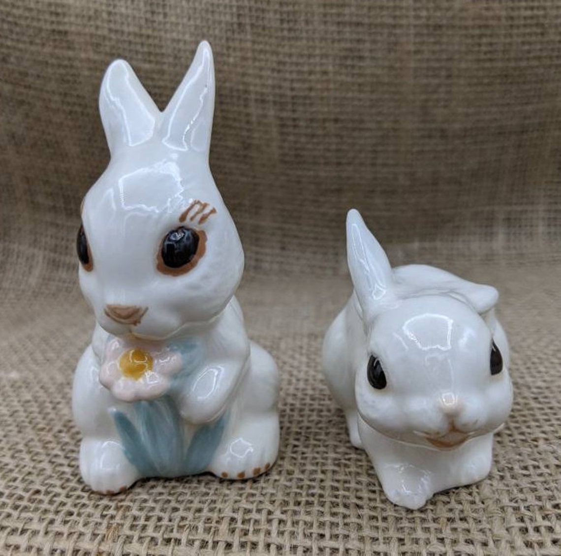 White Bunny Pair Vintage Ceramic Rabbits Hand Painted One | Etsy