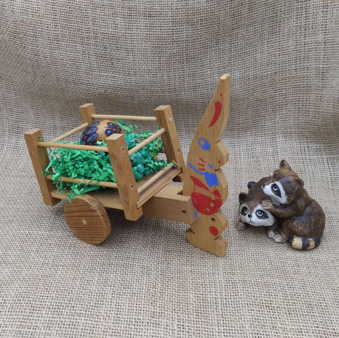 Wooden Bunny With Cart, Vintage Folk Art Wood Toy Bunny & Cart, Easter ...