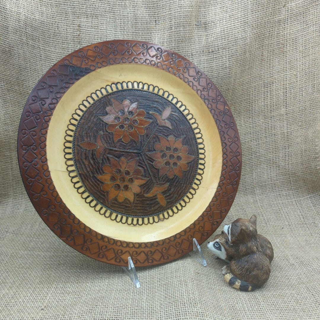 Polish Pyrography Wood Plate Flower Design With Brass Inlays Vintage ...