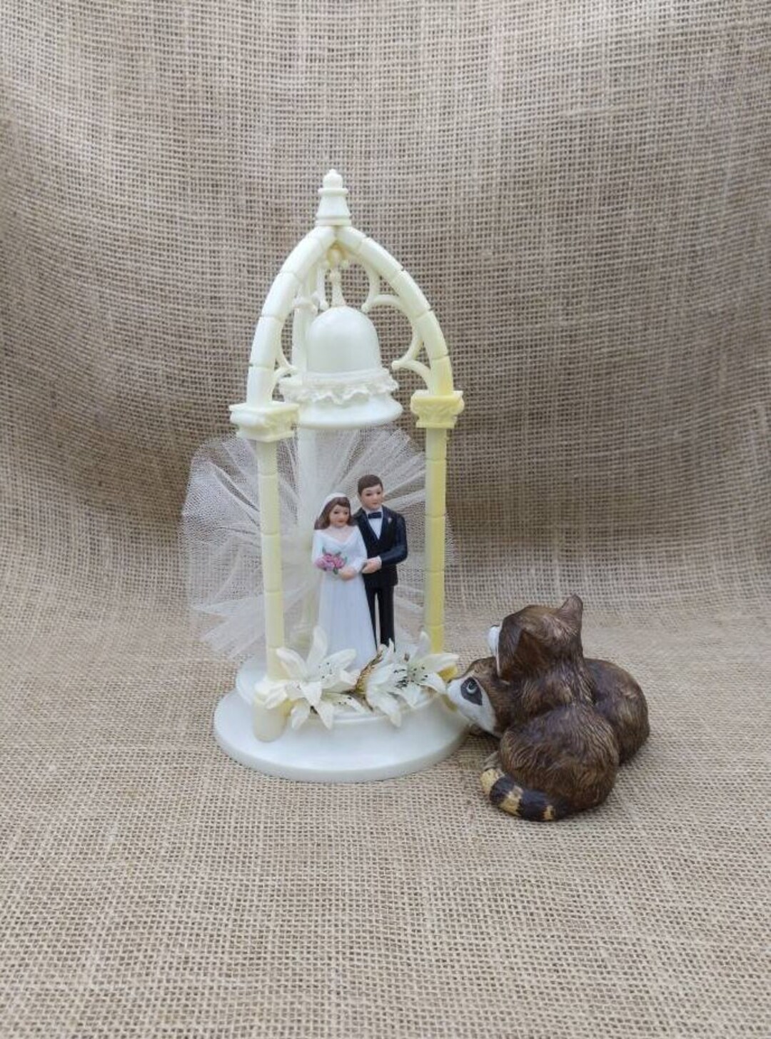 Arch Bell Bride & Groom Cake Topper, Dark Haired Traditional Standing ...