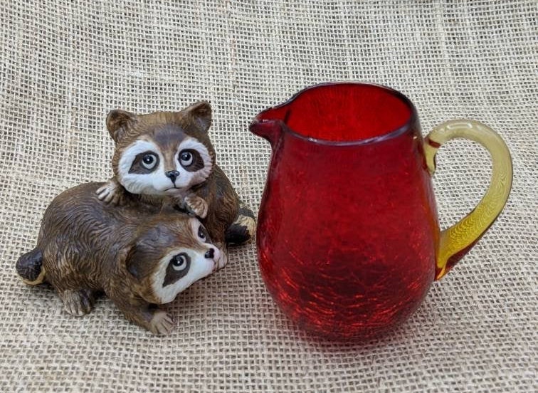 Red Crackle Glass Pitcher With Amber Handle Vintage Pilgrim - Etsy
