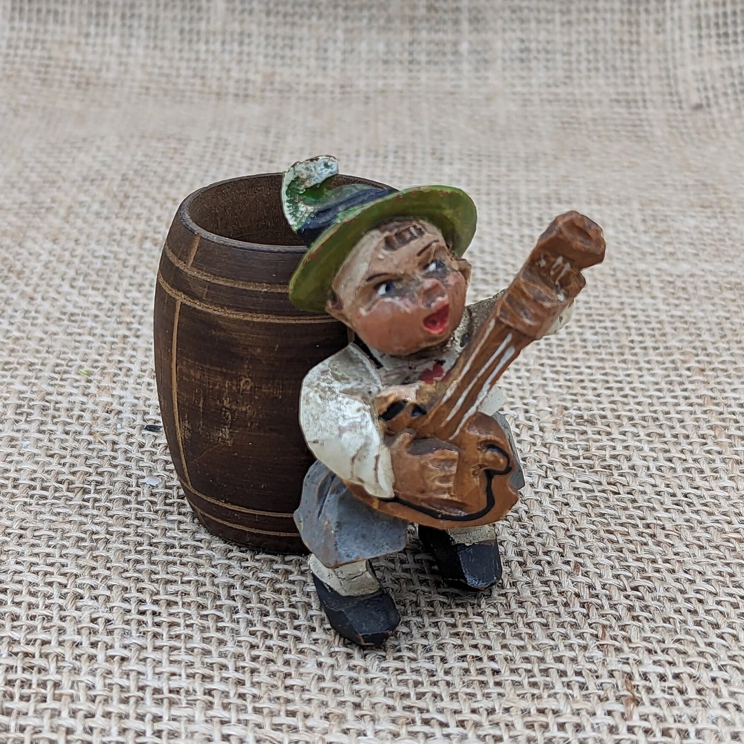 Vintage Carved Wood Toothpick Holder: Man With Lute, Anri Style - Etsy