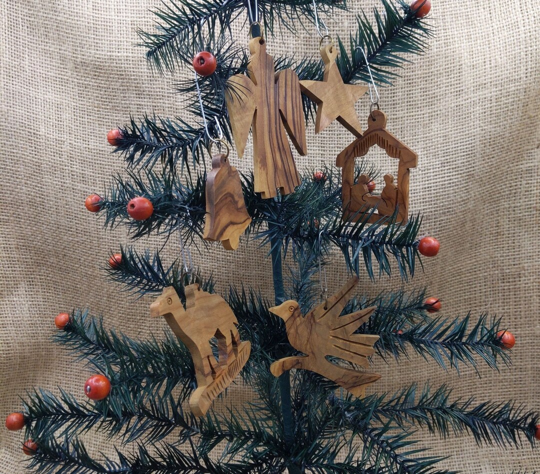 Olive Wood Christmas Ornament Set of 6, Angel, Star, Nativity Scene ...
