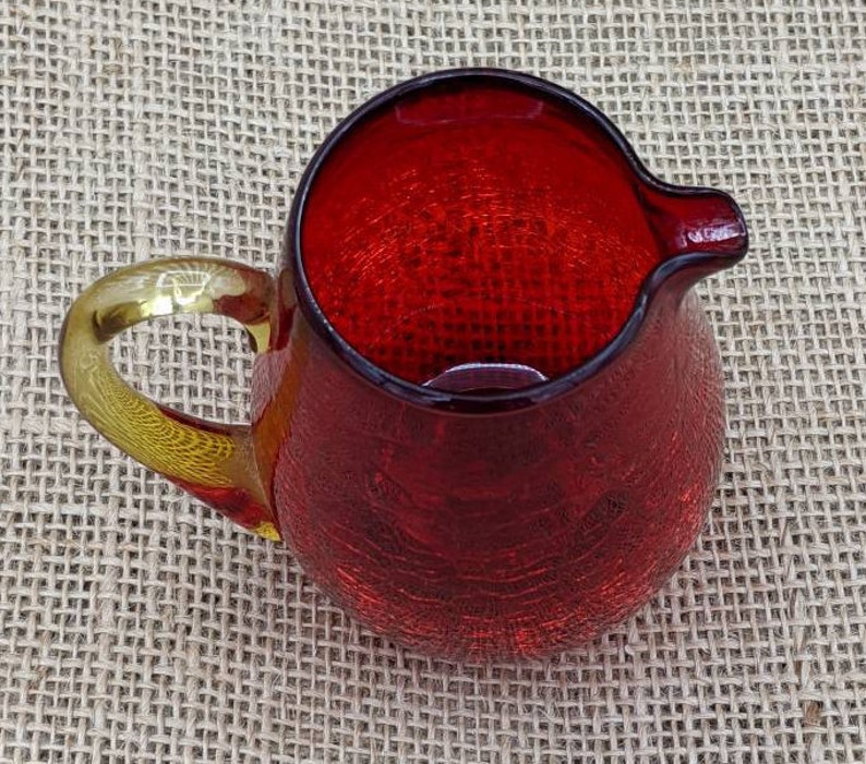 Red Crackle Glass Pitcher with Amber Handle Vintage Pilgrim | Etsy