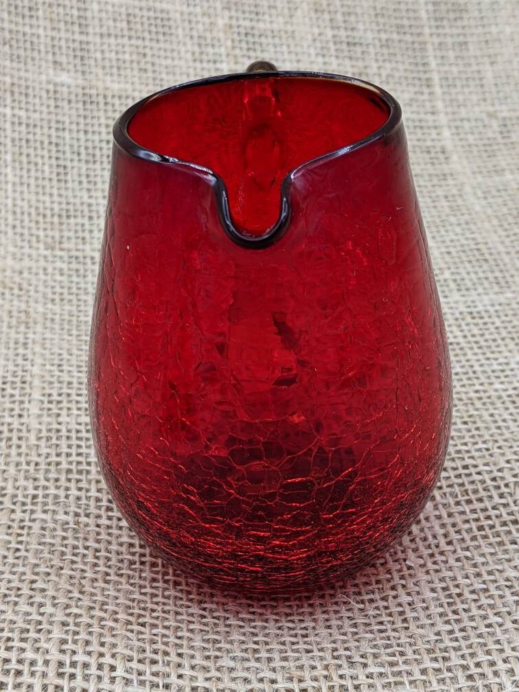 Red Crackle Glass Pitcher With Amber Handle Vintage Pilgrim - Etsy