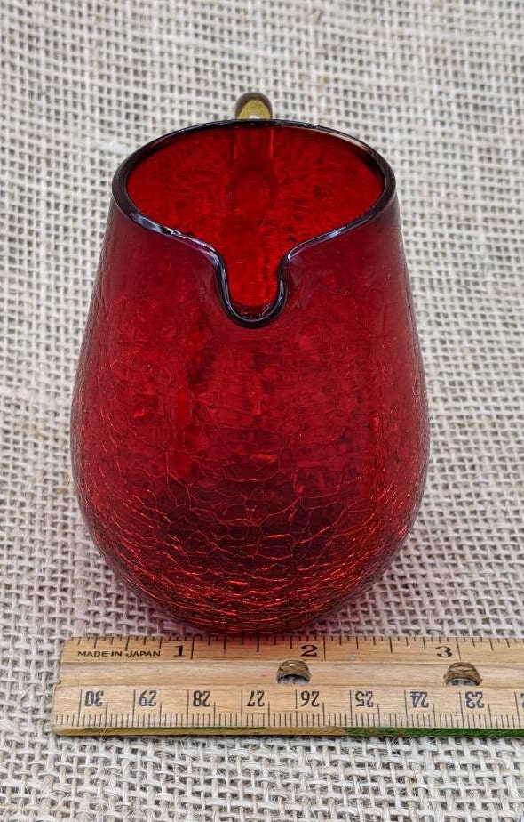 Red Crackle Glass Pitcher With Amber Handle Vintage Pilgrim - Etsy