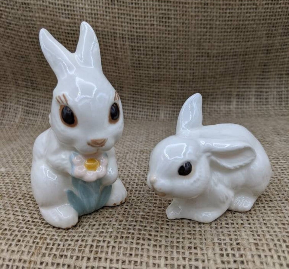 White Bunny Pair Vintage Ceramic Rabbits Hand Painted One | Etsy