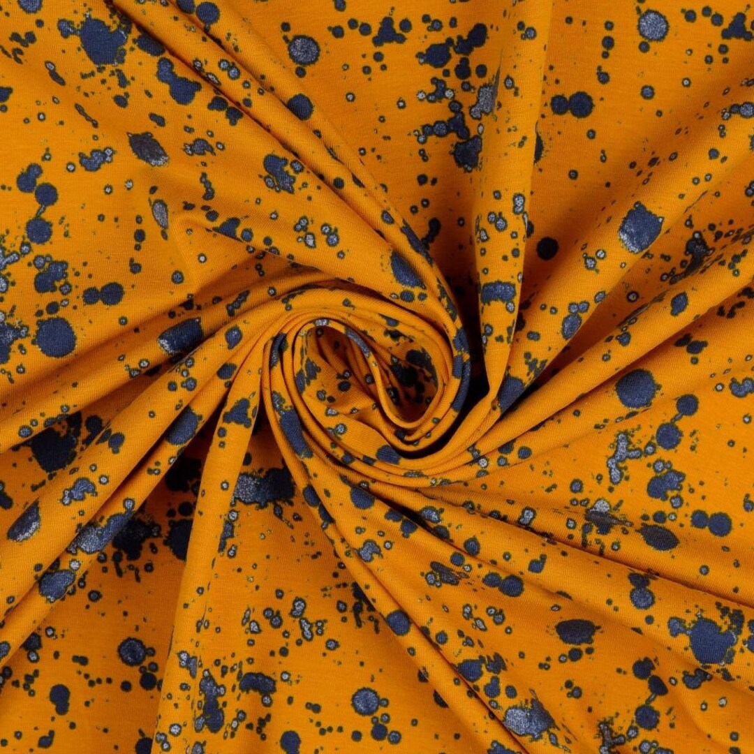 12.98euro/meter Color Splash Jersey Speckle Pattern Mustard Yellow Blue ...