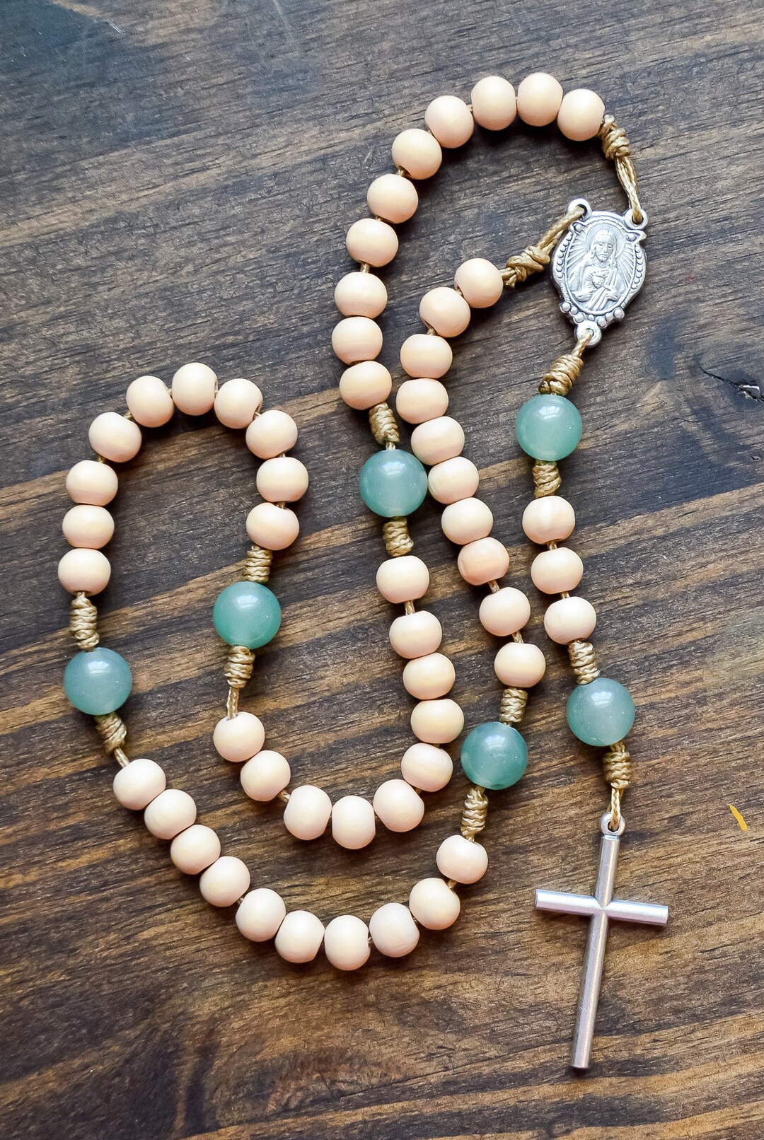 Rosary Beaded Micro Cord Prayer Green Holy Family Gemstone and Wooden ...