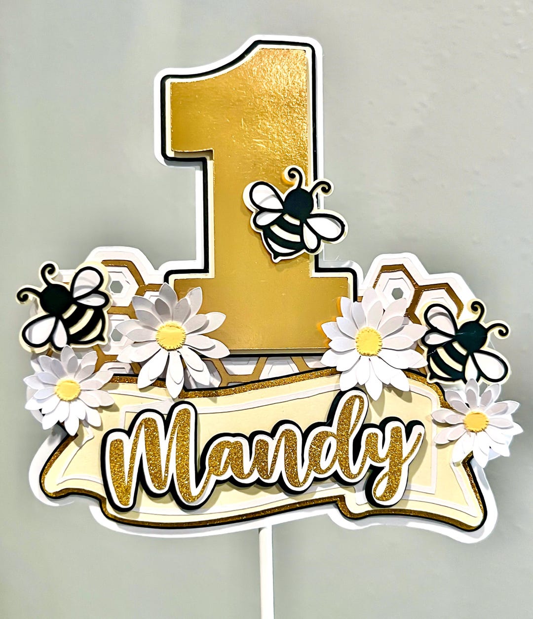 Bee Cake Topper Bublebee Birthday Customized Name Age Gold Glitter ...