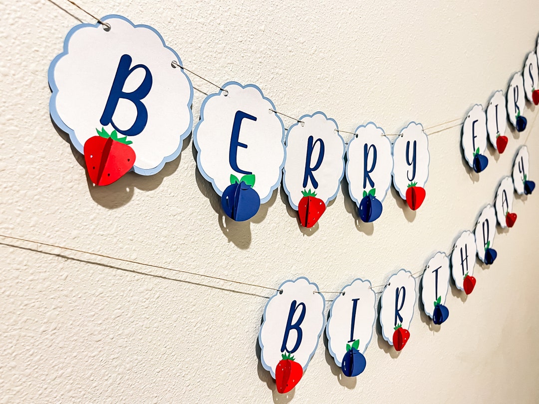 Mixed Berry First Birthday Banner Blueberry Strawberry Flowers Berries ...