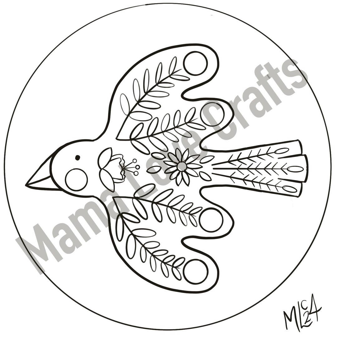 Folk Art Bird Colouring Page - Etsy