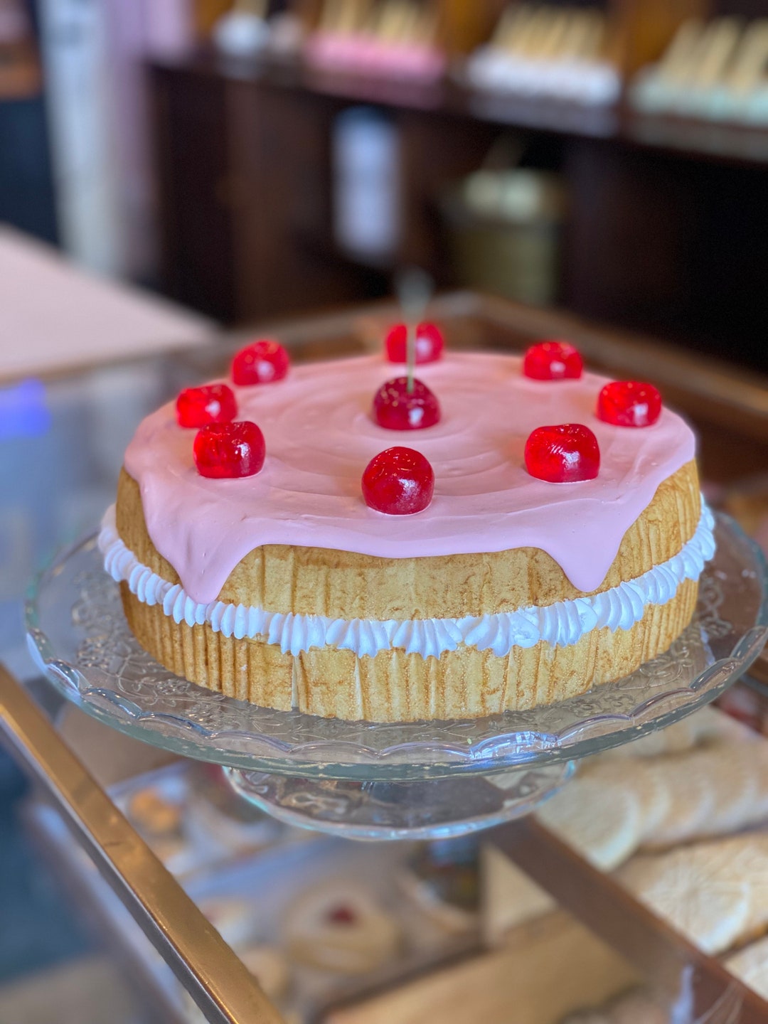 Fake Victoria Sponge Cake, Topped With Pink Icing and Cherries, Replica ...