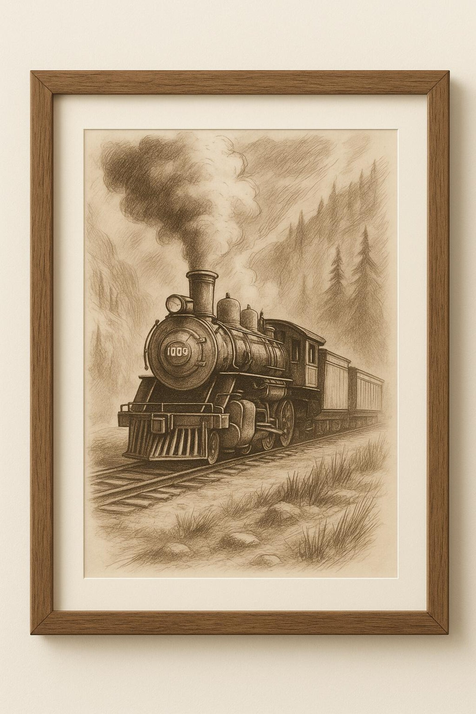 Vintage Steam Locomotive Ink Drawing Printable – Wash Train Art ...