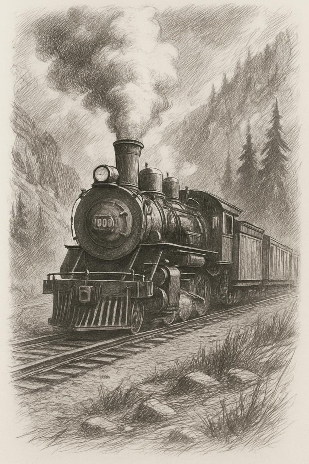 Vintage Steam Locomotive Ink Drawing Printable – Wash Train Art ...