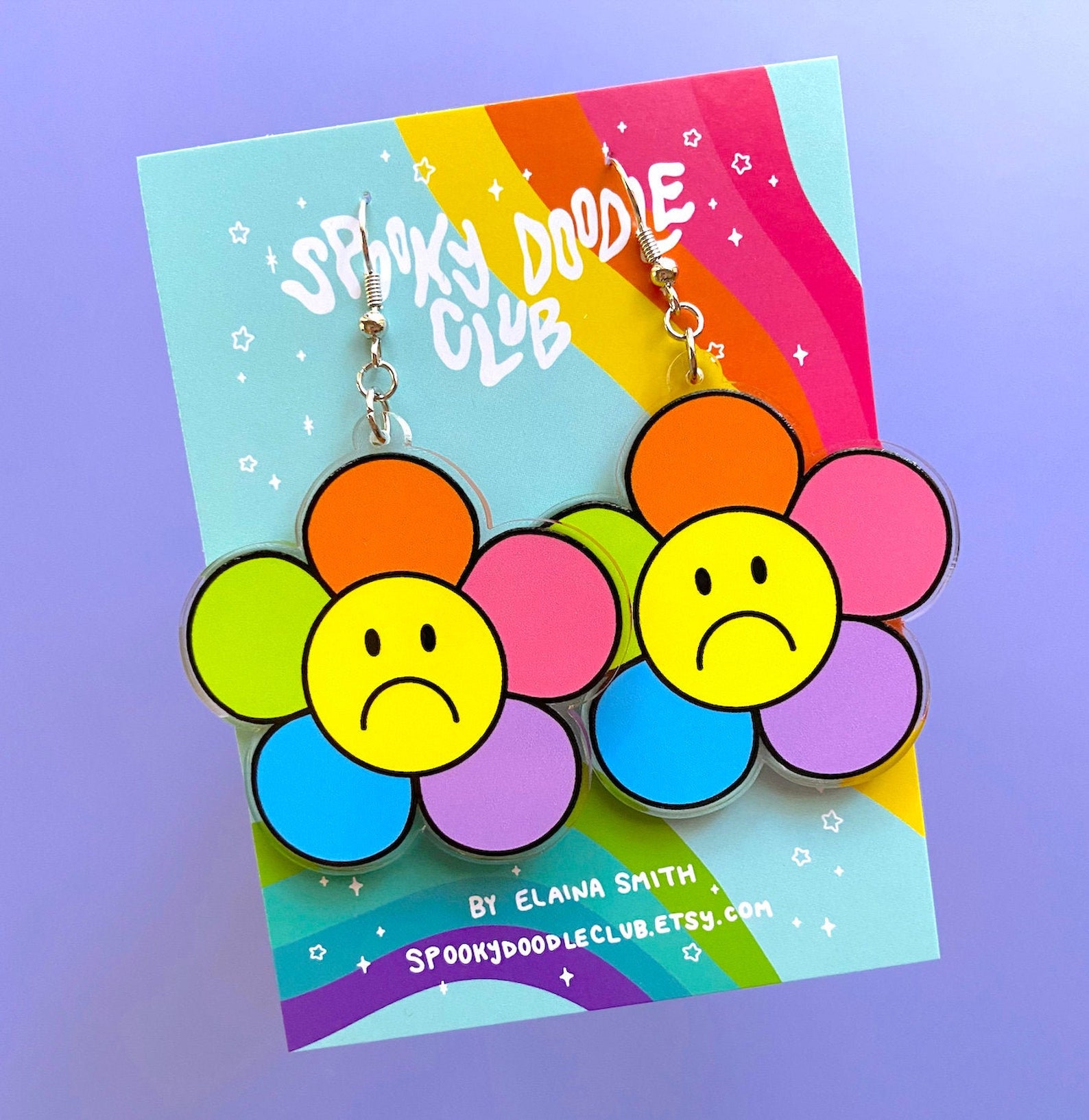 SAD FLOWER EARRINGS - Rainbow Floral Sad Smiley Face Jewelry, Spooky ...