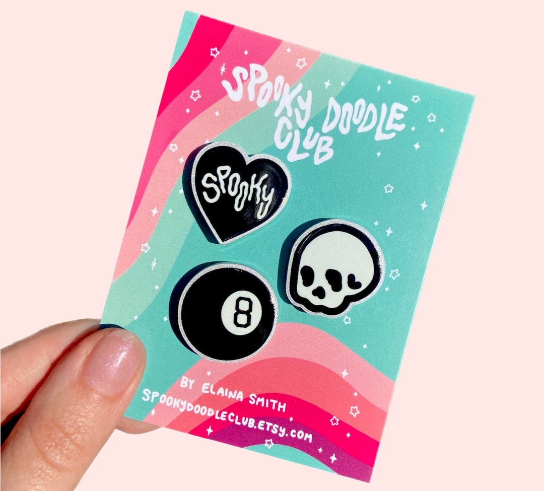 SPOOKY DOODLE Pin Set Skull Spooky Heart & Magic 8 Ball Pin, Halloween ...