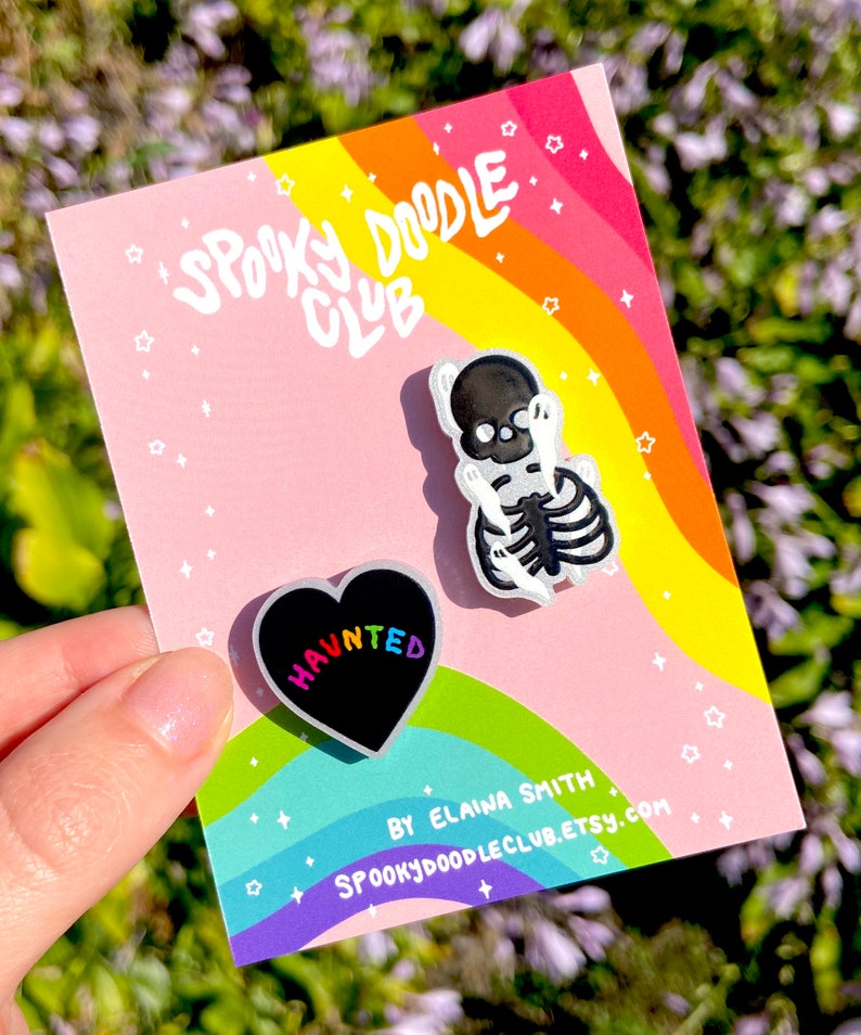 HAUNTED BONES Pin Set Glitter Acrylic Pins Spooky Doodle - Etsy