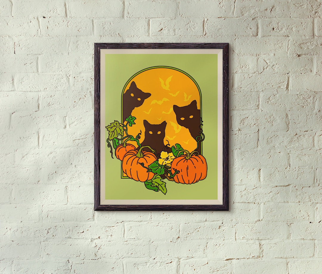 PUMPKIN PATCH CATS Art Print Halloween Wall Art, Black Cat Decor ...