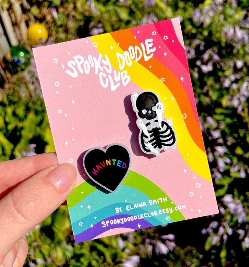 HAUNTED BONES Pin Set Glitter Acrylic Pins Spooky Doodle - Etsy