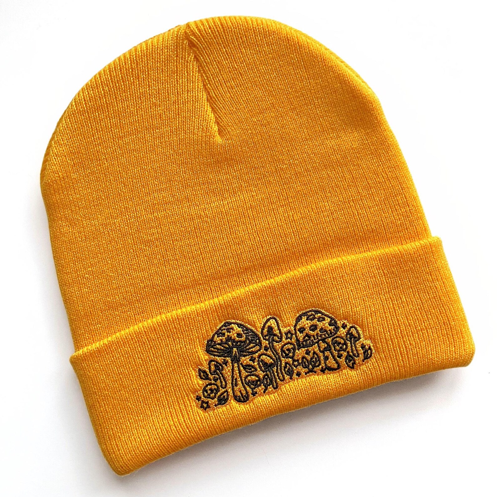 MUSHROOM BEANIE - Embroidered Cottagecore Beanie, Yellow Knitted Cap ...