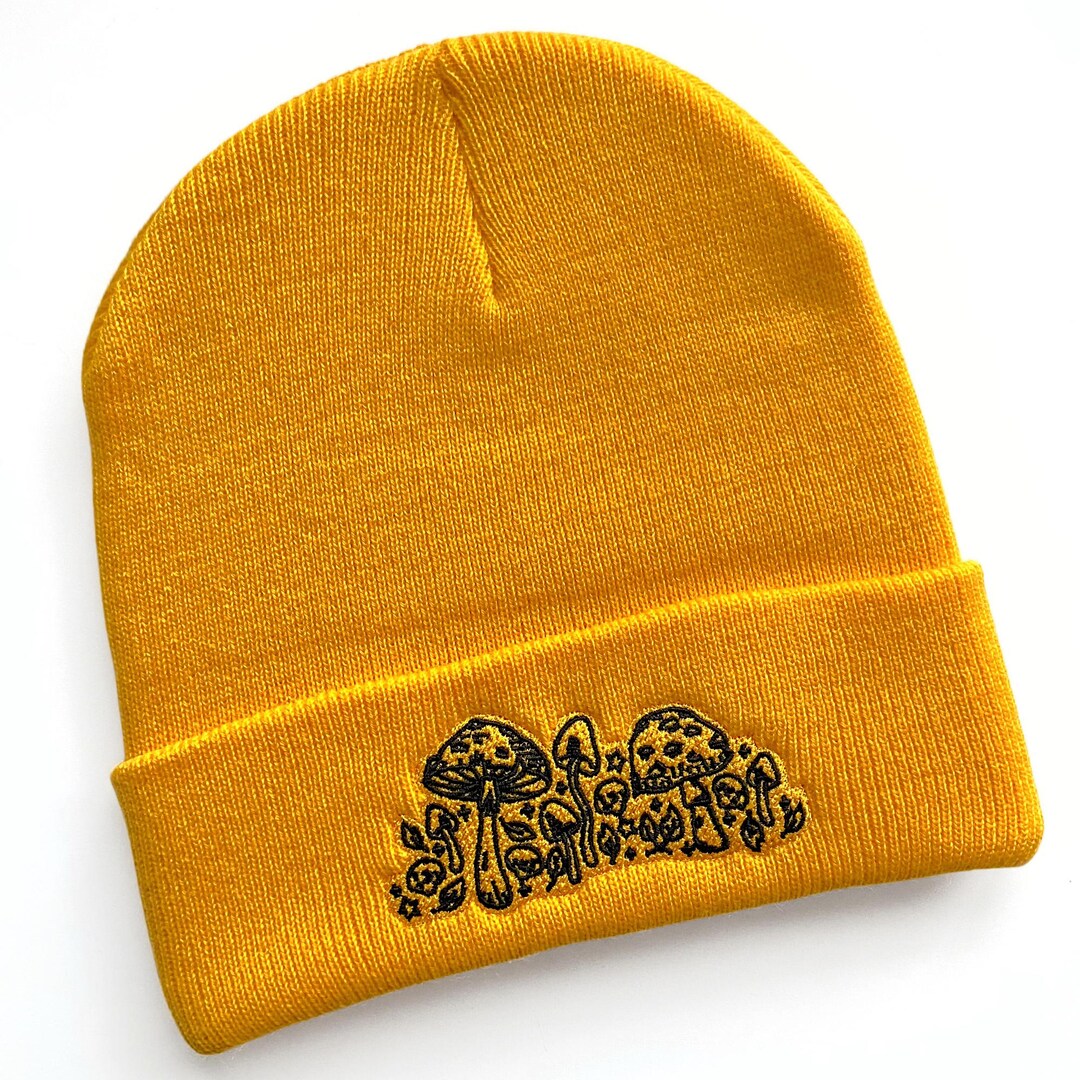 MUSHROOM BEANIE - Embroidered Cottagecore Beanie, Yellow Knitted Cap ...