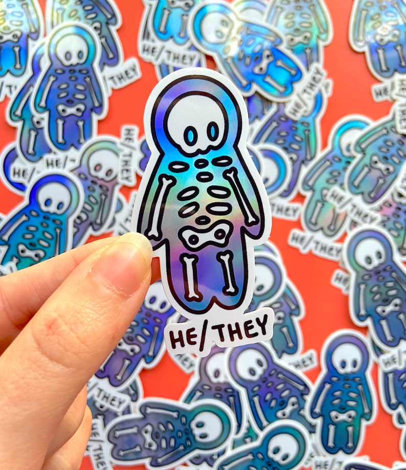 Holographic Pronoun Skeleton HE/THEY Vinyl Art Sticker | Etsy