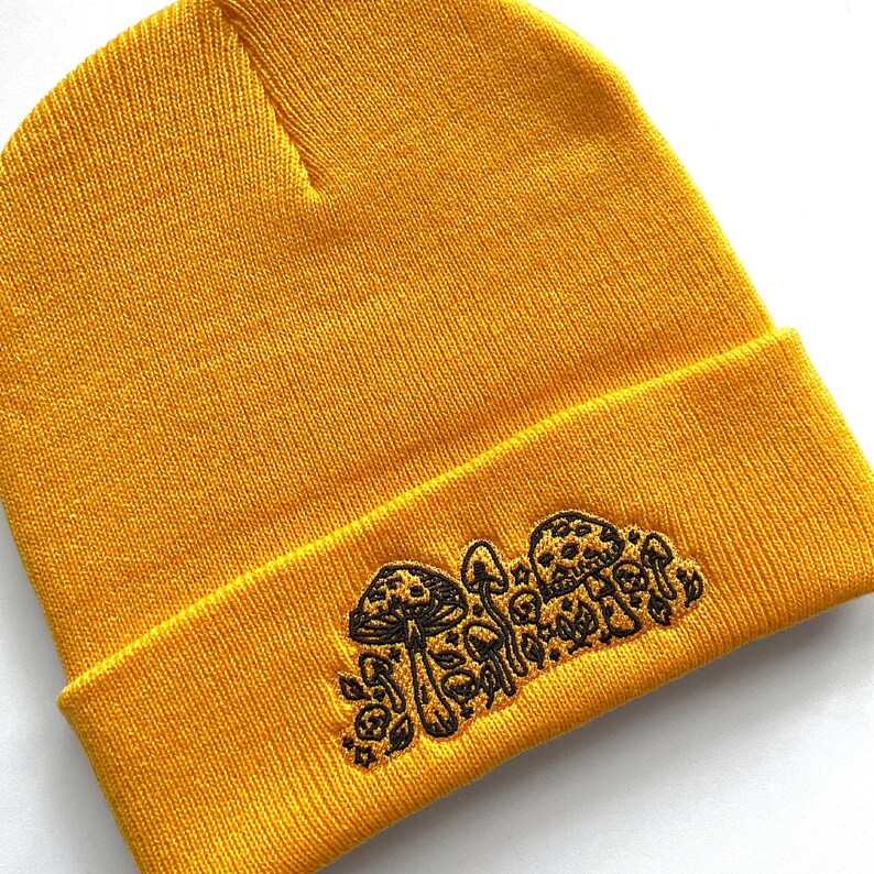 MUSHROOM BEANIE - Embroidered Cottagecore Beanie, Yellow Knitted Cap ...
