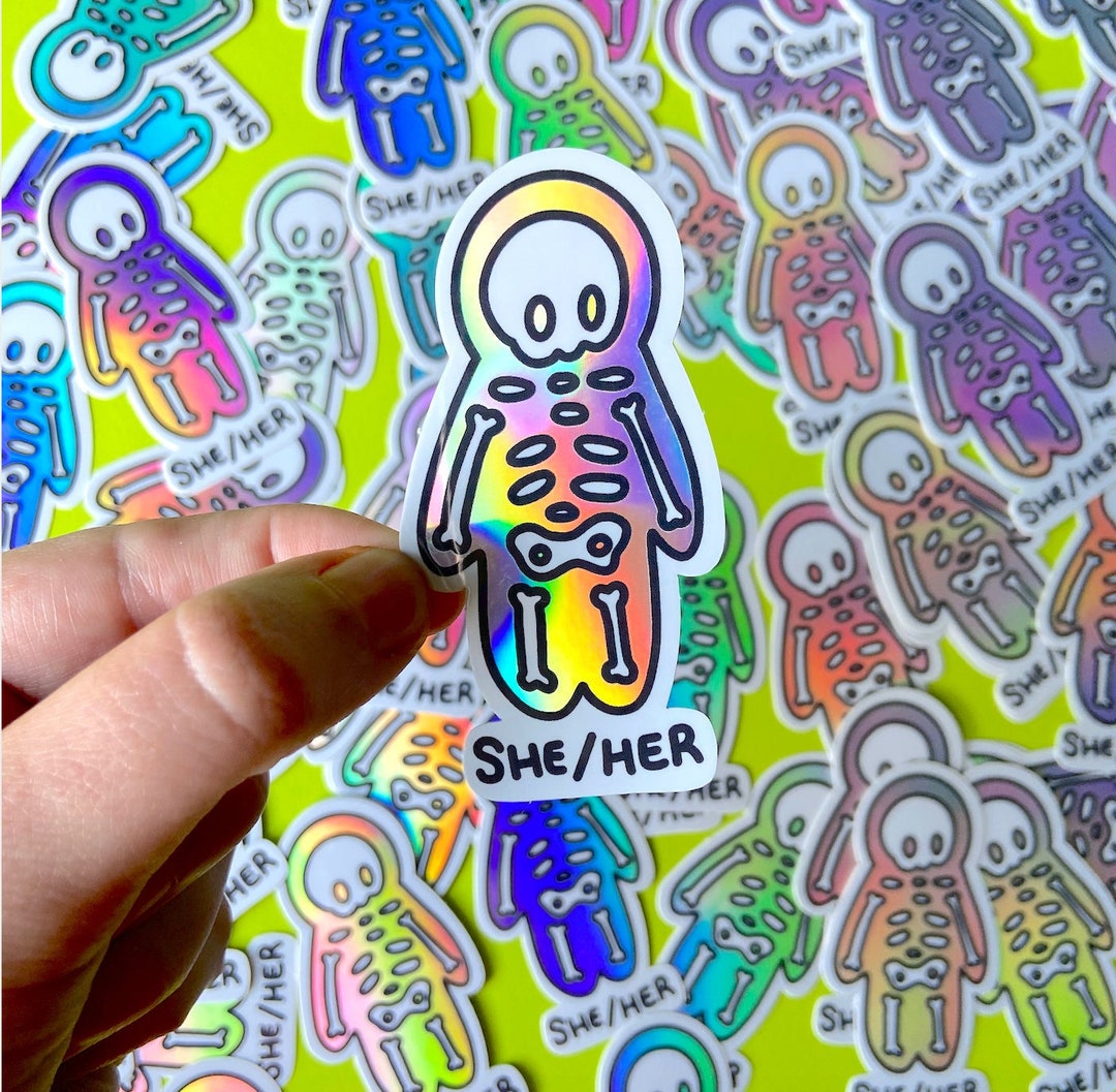 SHE/HER Pronouns Sticker ~ Holographic Skeleton Pronouns Sticker ...
