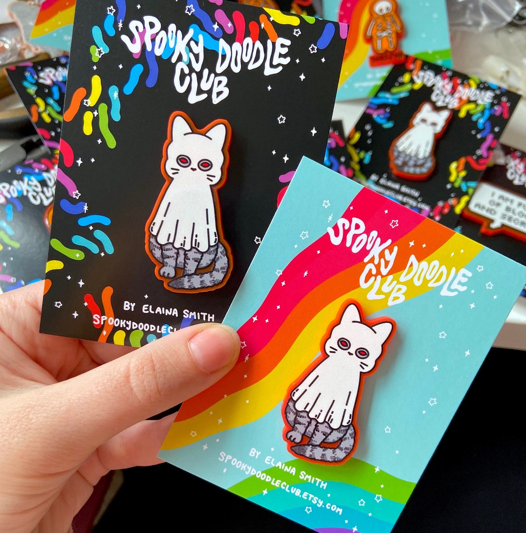 GHOST CAT Acrylic Glow Pin - Spooky Doodle Club (2 Inch) - Etsy