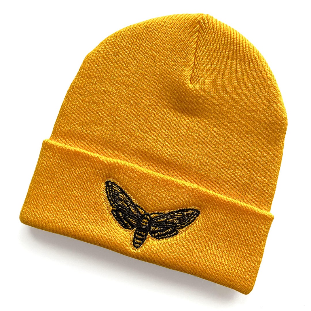 MOTH BEANIE - Death's Head Hawk Moth Embroidered Beanie, Yellow Knit ...