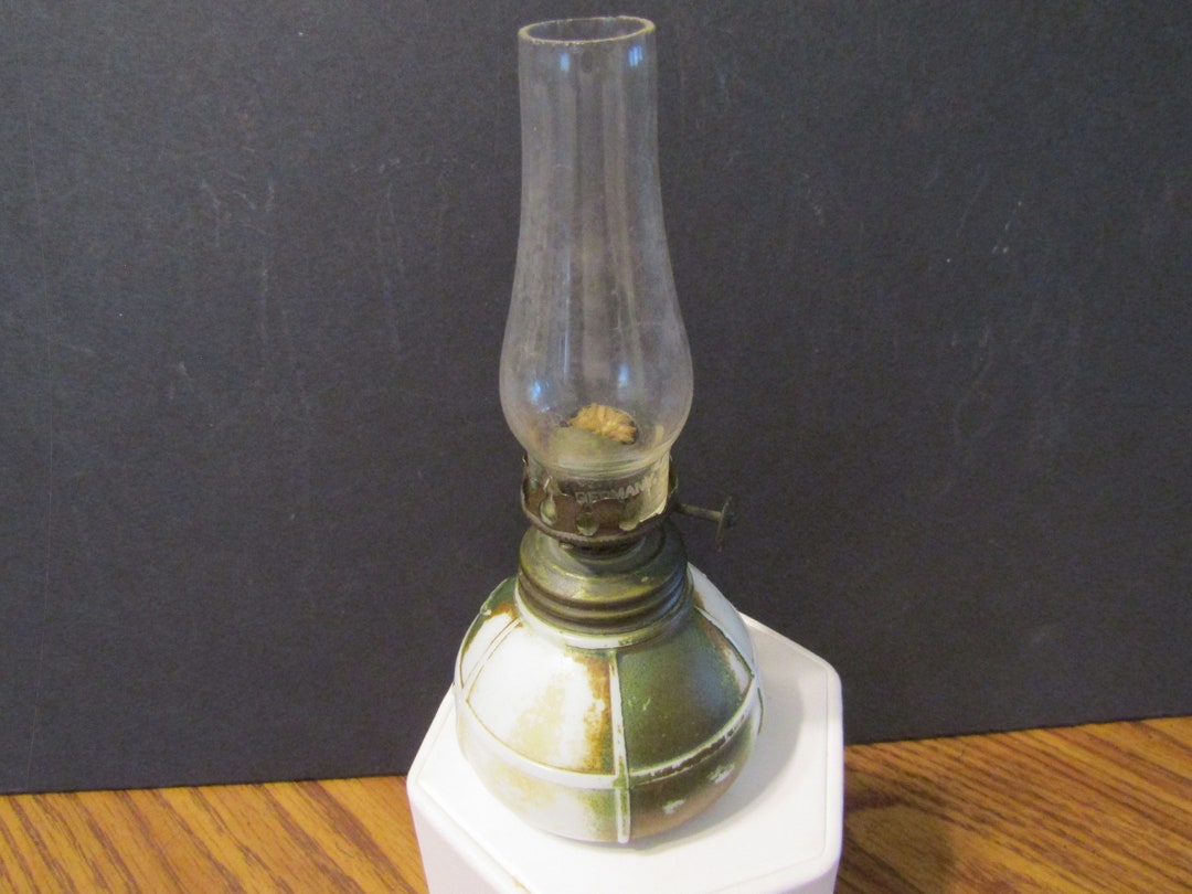 Vintage Small Oil Lamp - White Milk Glass Base With Raised Painted ...