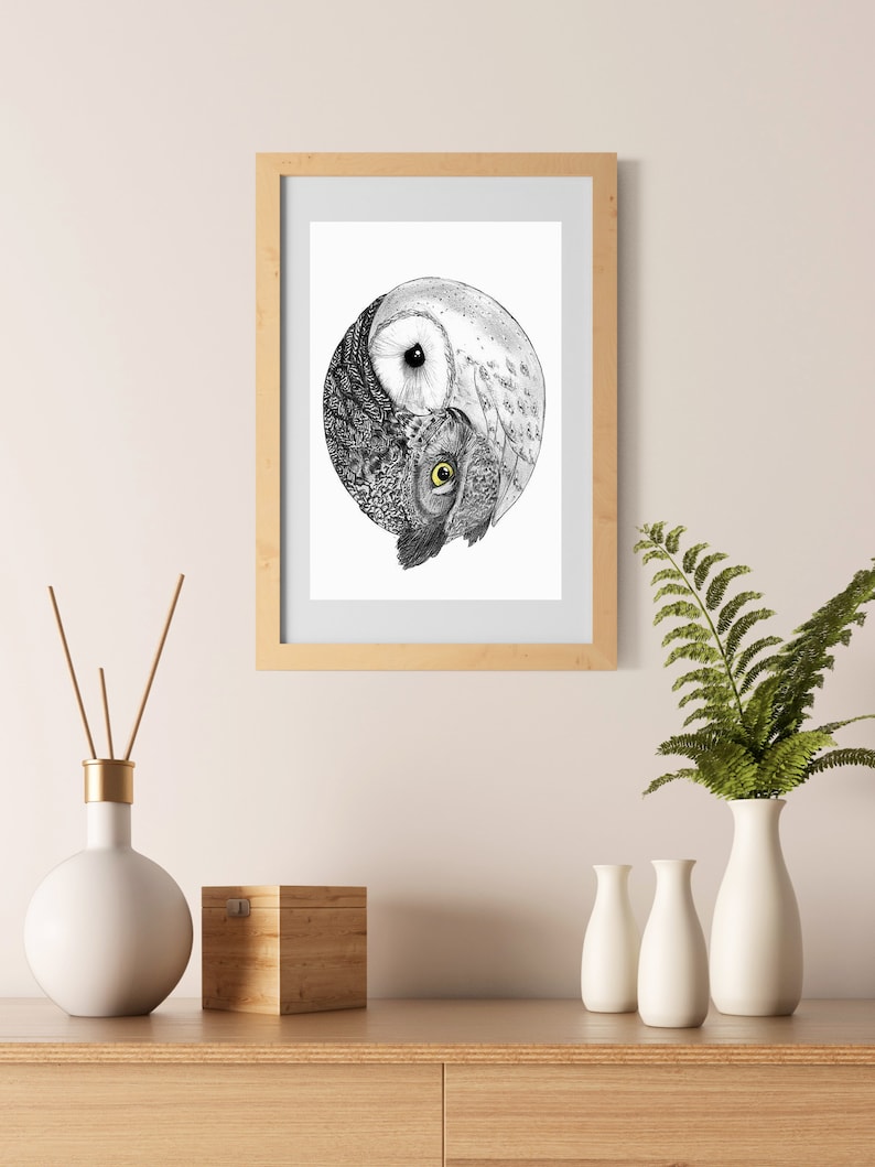 Owl Yin and Yang Art Print Taoist Art Chinese Art Black and White Wall ...