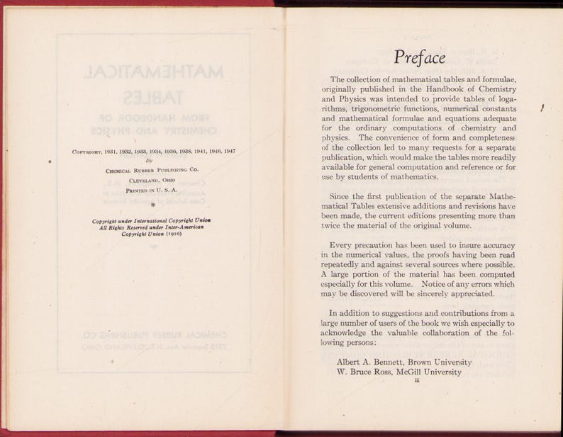 Vintage Book: Mathematical Tables From Handbook of Chemistry and ...