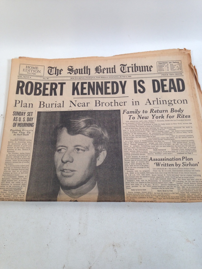 South Bend Tribune Newspaper June 6, 1968 Robert F. Kennedy ...