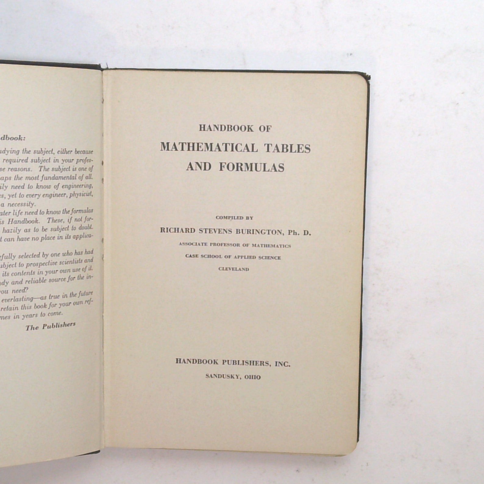 Vintage Book: Handbook of Mathematical Tables and Formulas by Richard ...