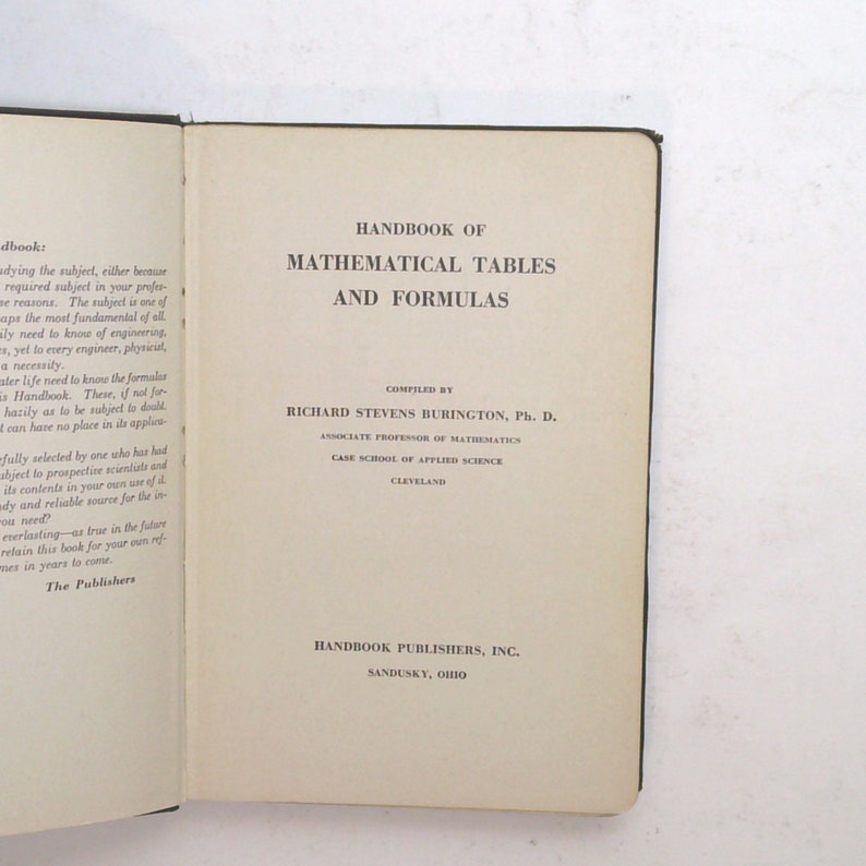 Vintage Book: Handbook of Mathematical Tables and Formulas by Richard ...