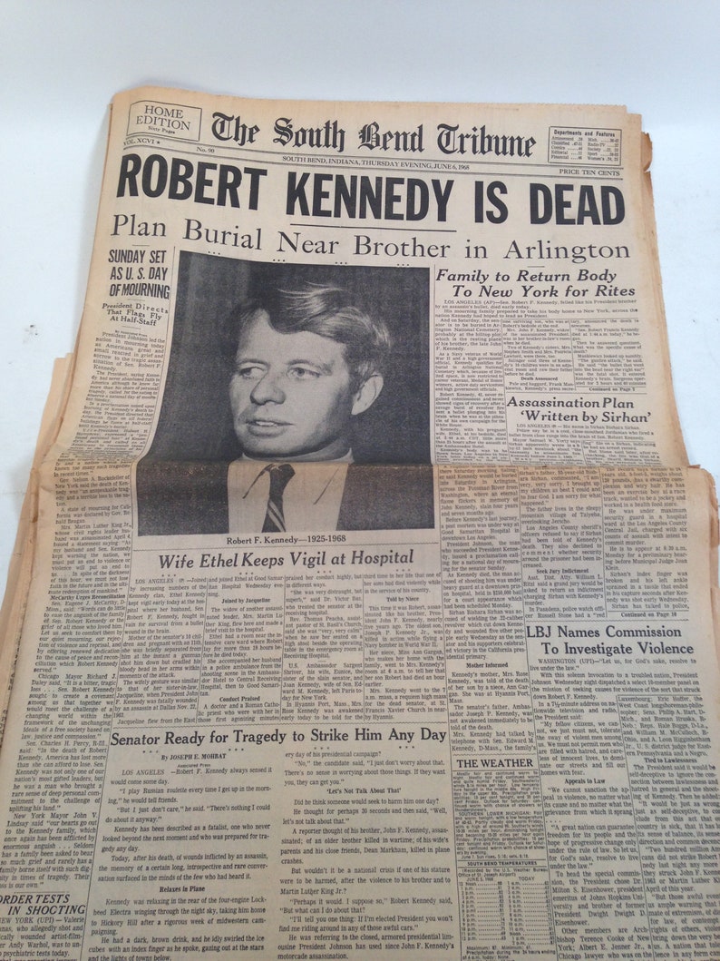 South Bend Tribune Newspaper June 6, 1968 Robert F. Kennedy ...