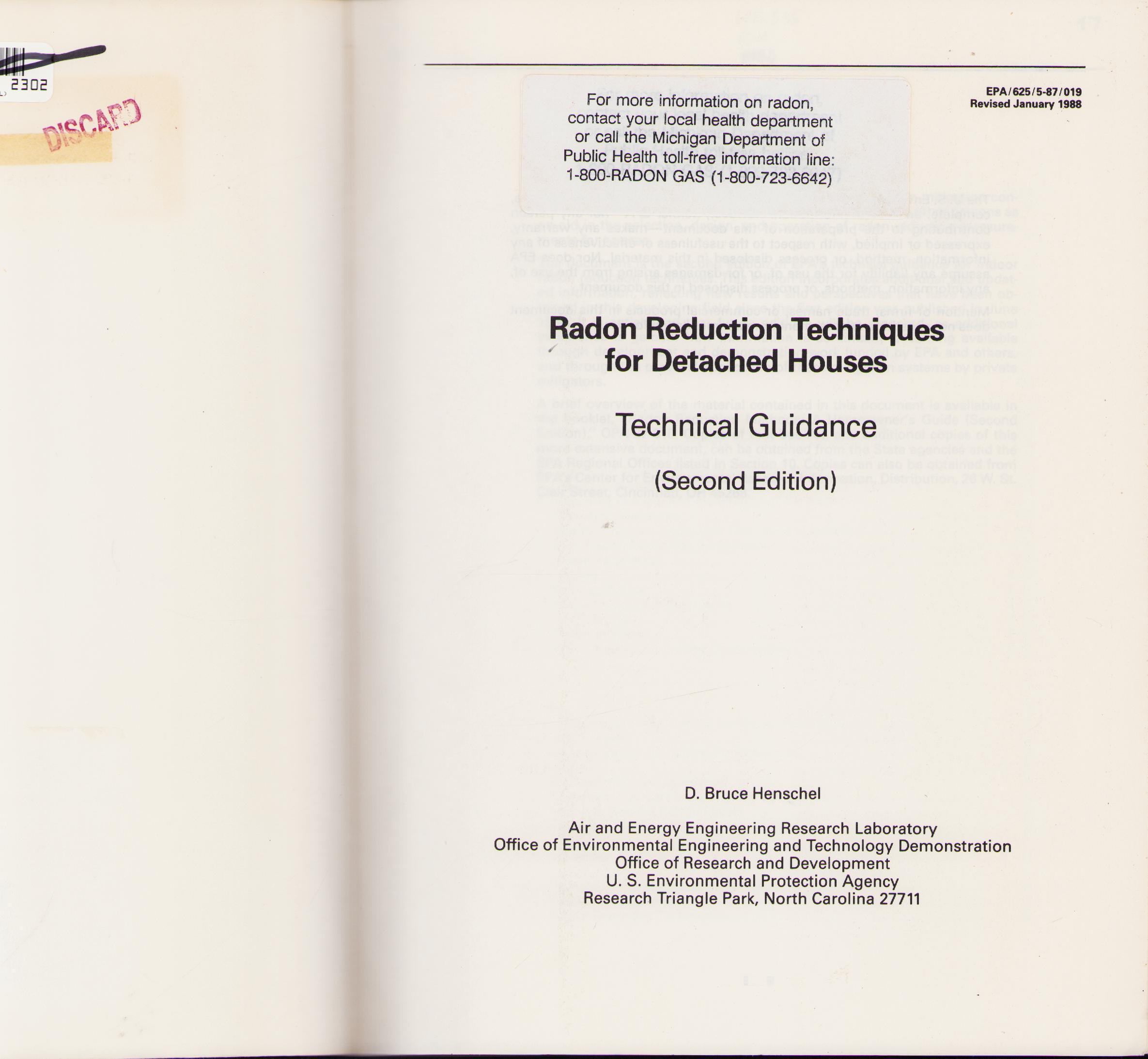 Vintage Book: Radon Reduction Techniques for Detached Houses ...