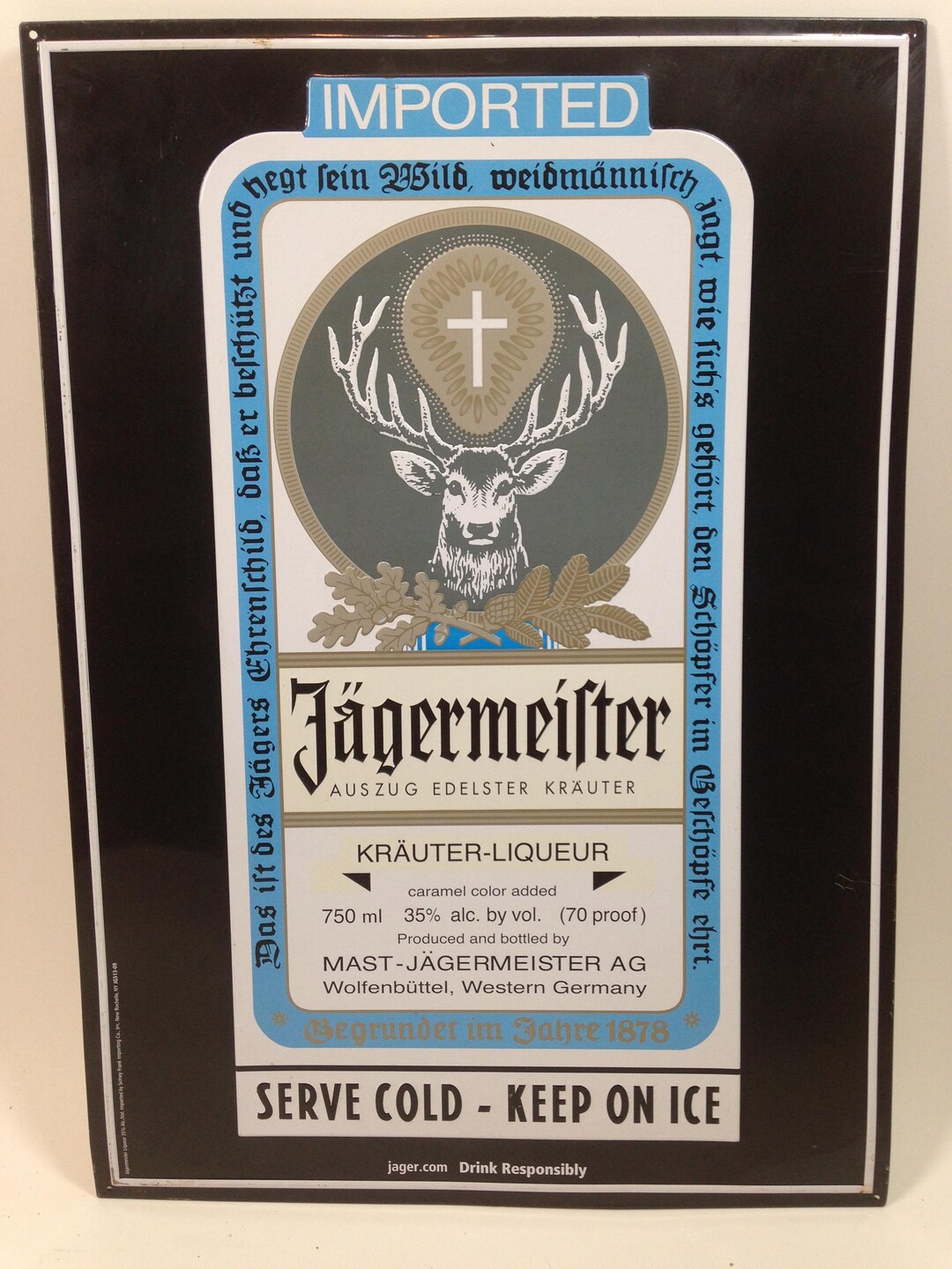Vintage Jagermeister Serve Cold Keep on Ice RARE Blue Version Sign 0525 ...