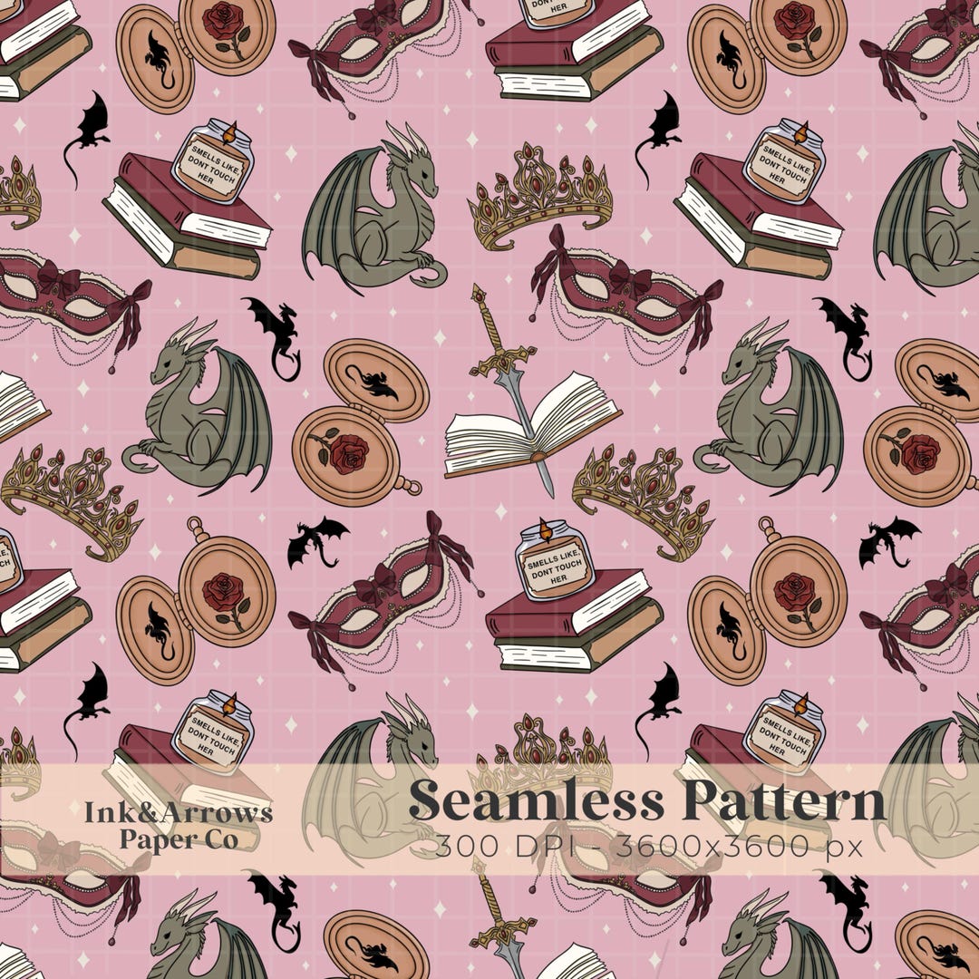 Dragon Romantasy Bookish Seamless Pattern Kindle Insert Seamless File ...