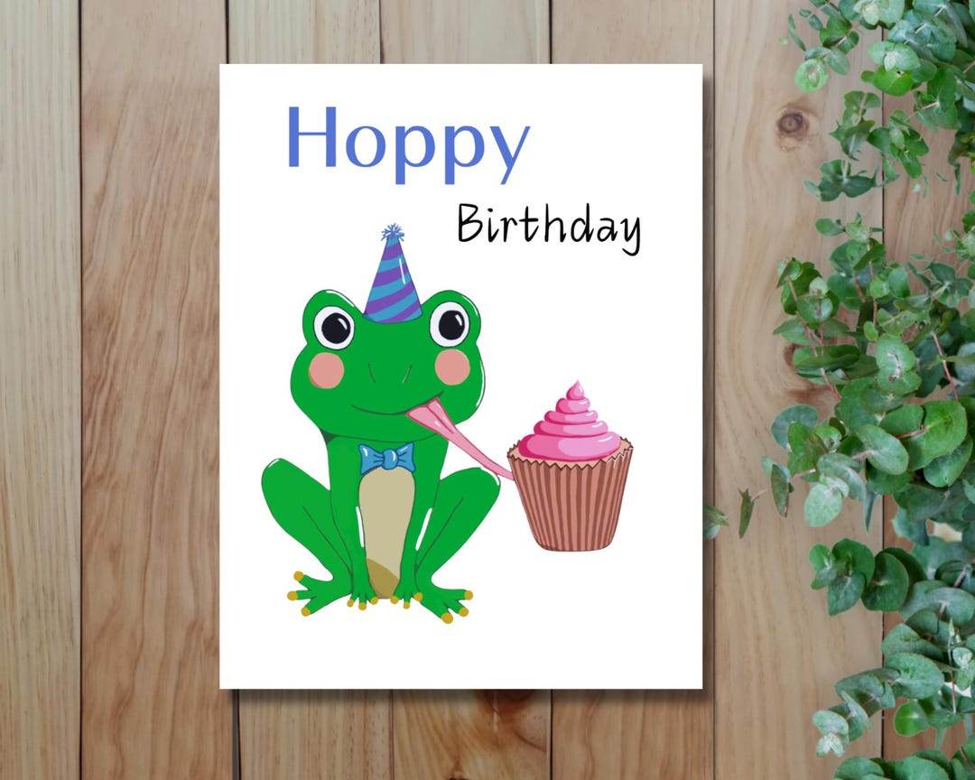 Happy "hoppy" Frog Birthday Card | Cute Toad With Cupcake | Party ...